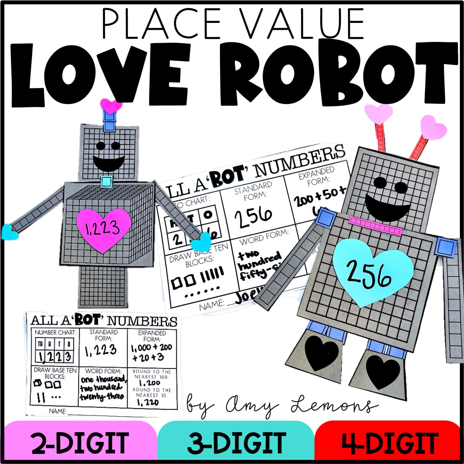 Valentine's Day Place Value Robot (2 digit, 3 digit, 4 digit place ...